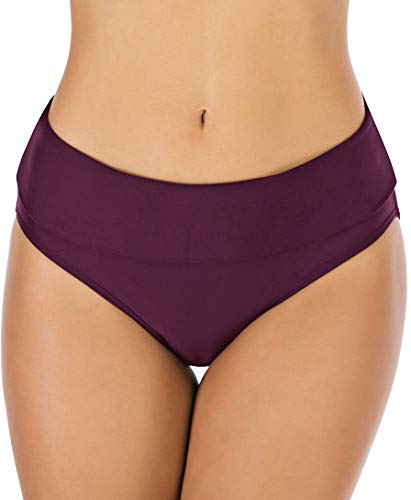 Micosuza Women's High Waisted Bikini Bottoms Shape Control Fold Swim Brief Tankini Bottoms Purple