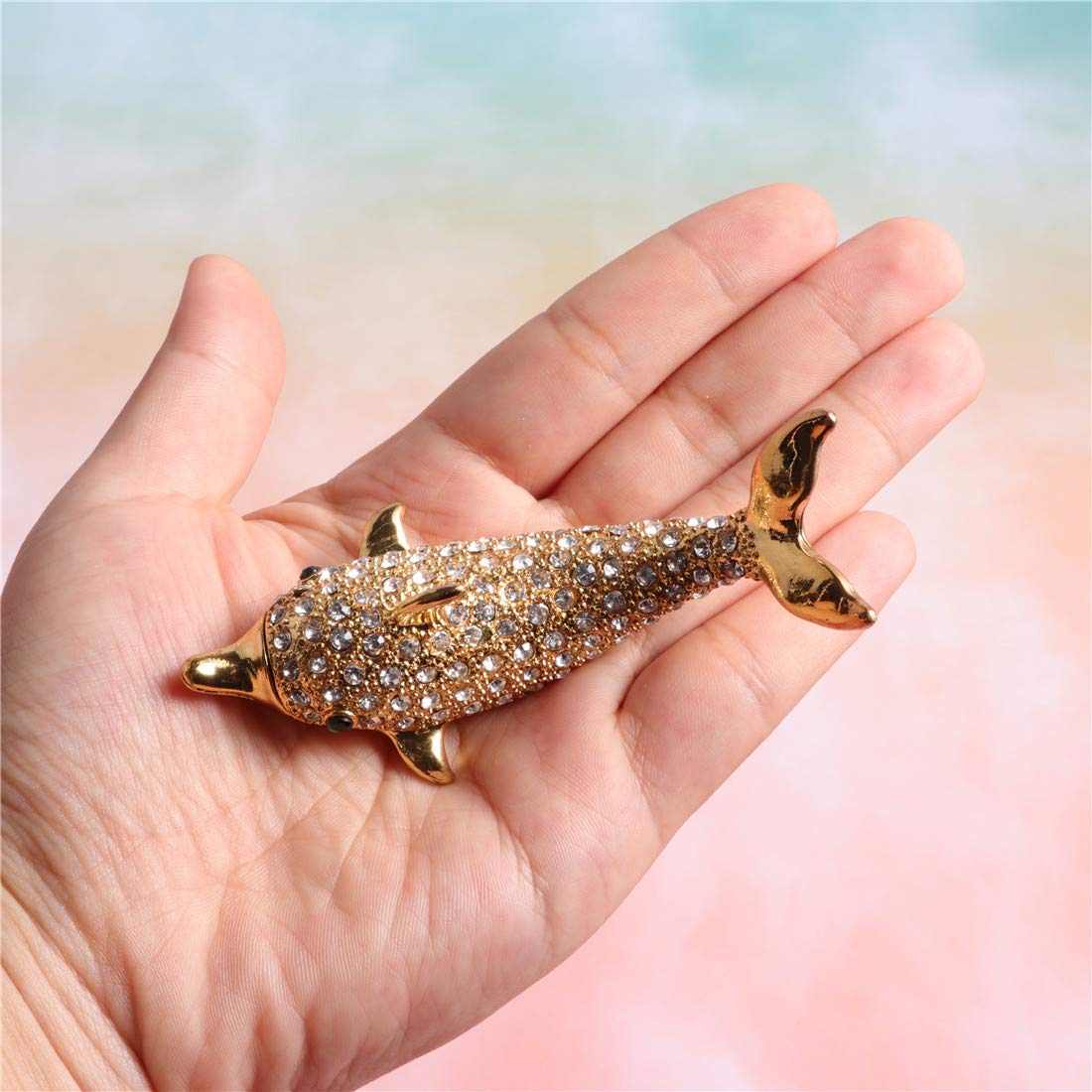 Waltz&F Diamond golden dolphin Hand-Painted Trinket Box Animal Jewelrybox Figurine Collectible Ring Holder