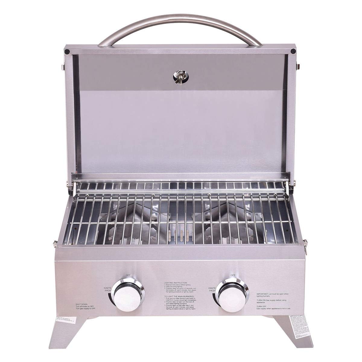 Kanizz Portable Patio LPG Dual Burner Barbeque Grill Stove w/Lid, Garden Camping Kitchen Tabletop Grill Double Burner Head 20,000 BTU Max LPG, Low Smoke Adjustable 2 Burner
