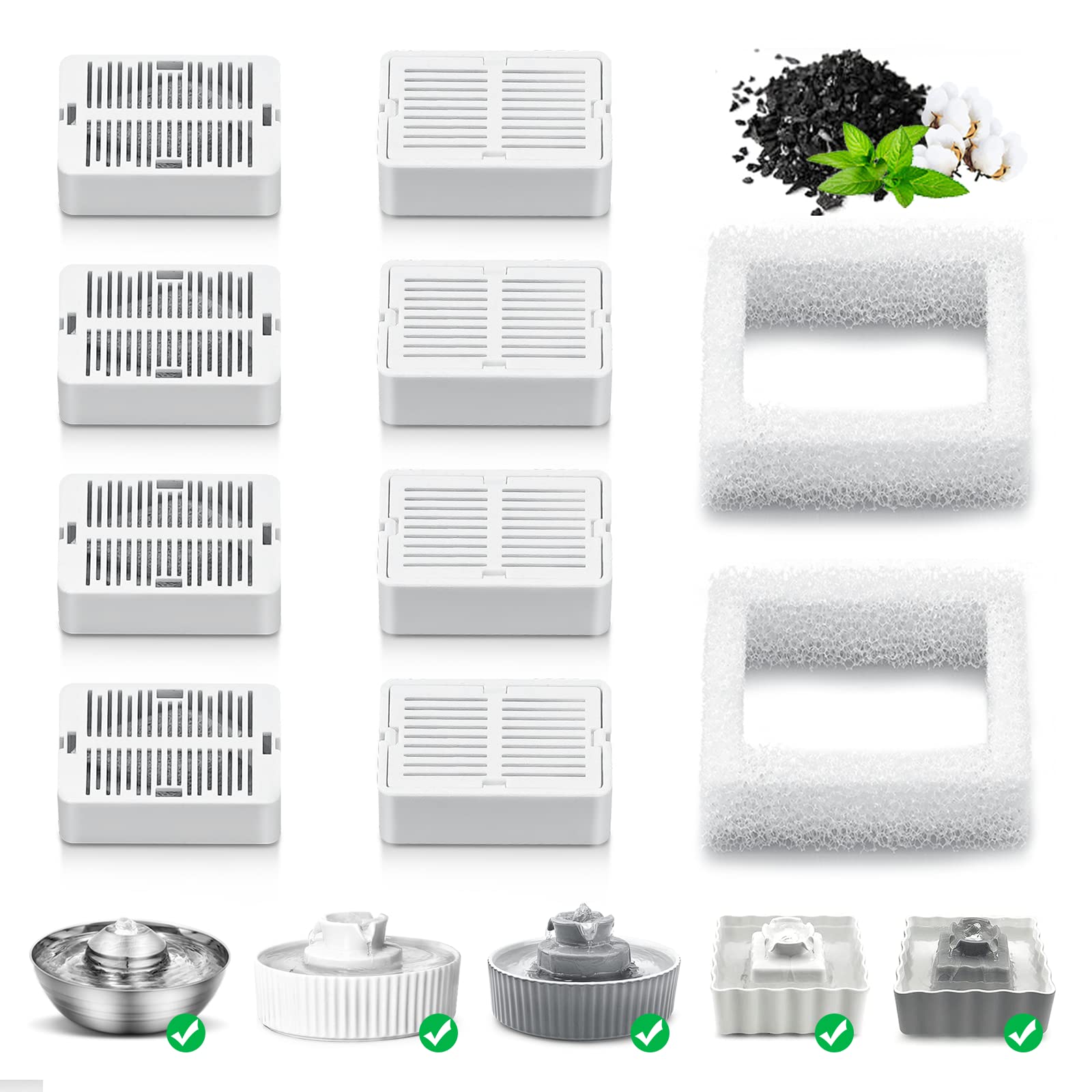 NautyPaws Wave and Cup Cake Porcelain Cat Fountain Filter 8 Carbon Filters 2 Foam Filters Ceramic Pet Fountain Water Dispenser Dog Fountain Replacement Filters(10PACK)