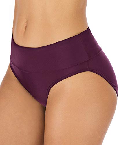 Micosuza Women's High Waisted Bikini Bottoms Shape Control Fold Swim Brief Tankini Bottoms Purple