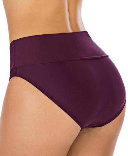 Micosuza Women's High Waisted Bikini Bottoms Shape Control Fold Swim Brief Tankini Bottoms Purple