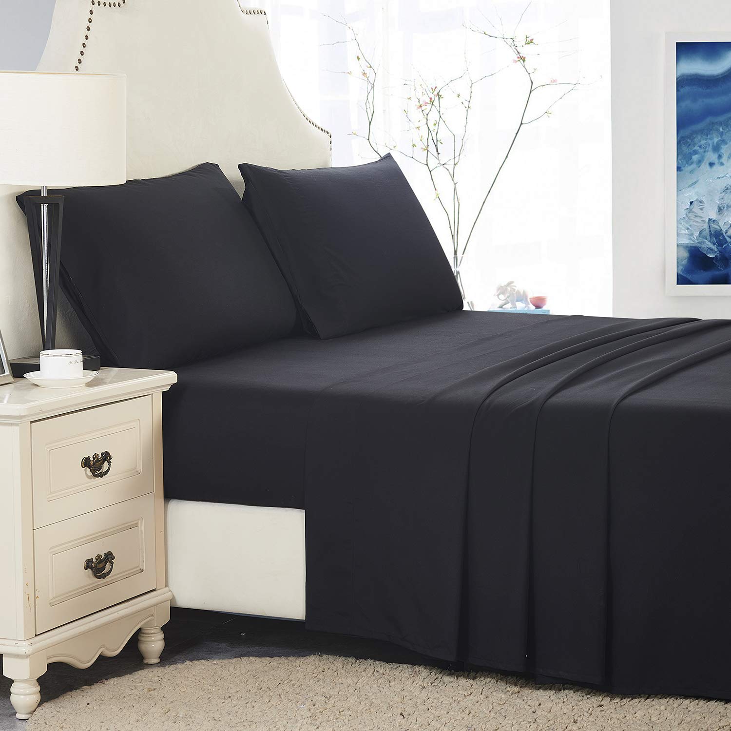 PHOENIX HOME TEXTILES 1500 Collection Soft Brushed Microfiber Sheet Set with 15-Inch Deep Pocket -Wrinkle Fade and Stain Resistant (Queen, Black)