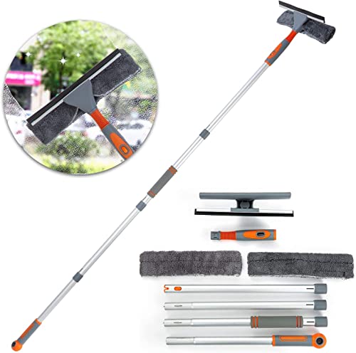 Professional Window Squeegee Cleaner, 2 in 1 Shower Squeegee with Extension Pole, 62‘’ Telescopic Window Washing Equipment with Bendable Head, Glass Cleaning Tools for Indoor/Outdoor High Window