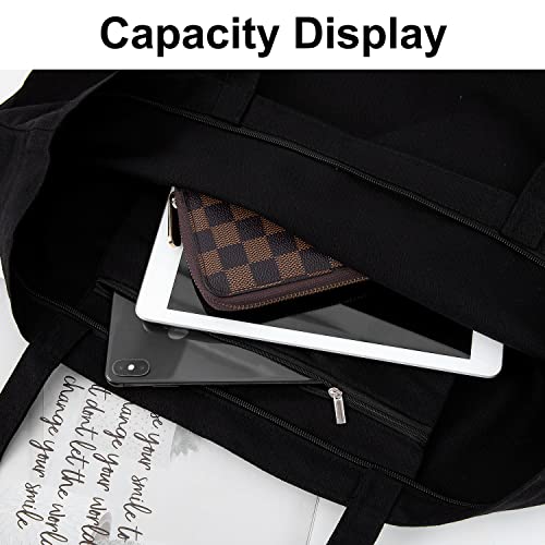 Pshet 1|2 Pack 21'' Canvas Tote Bag Zipper Cotton Bag with Inner Pocket Reusable Grocery Shopping Bag 12oz Cloth Bag DIY Gift,black,pack of 1