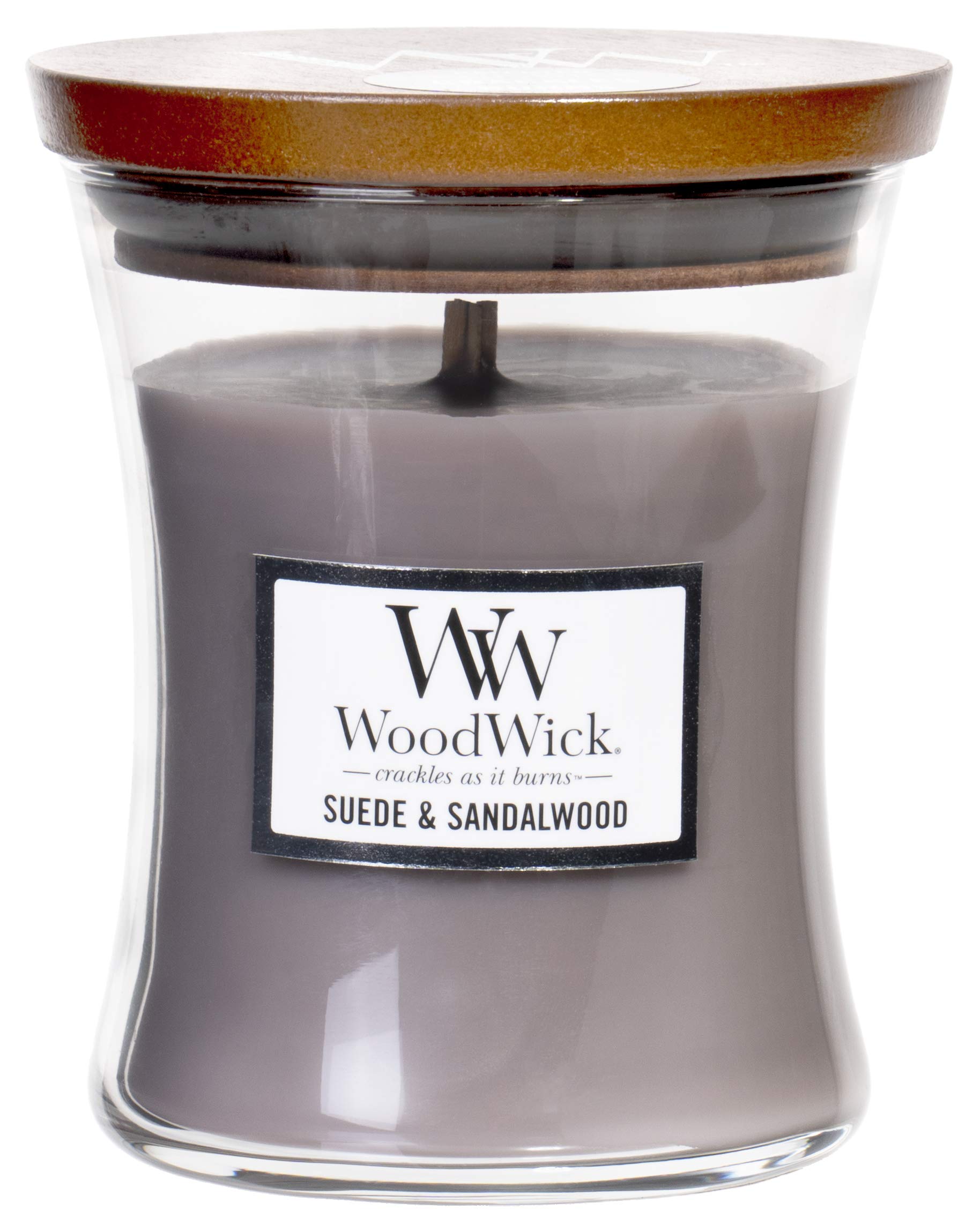 WoodWick Suede & Sandalwood Scented Hourglass Crackling Wooden Wick Candle in Clear Glass Jar, Medium - 9.7 Oz