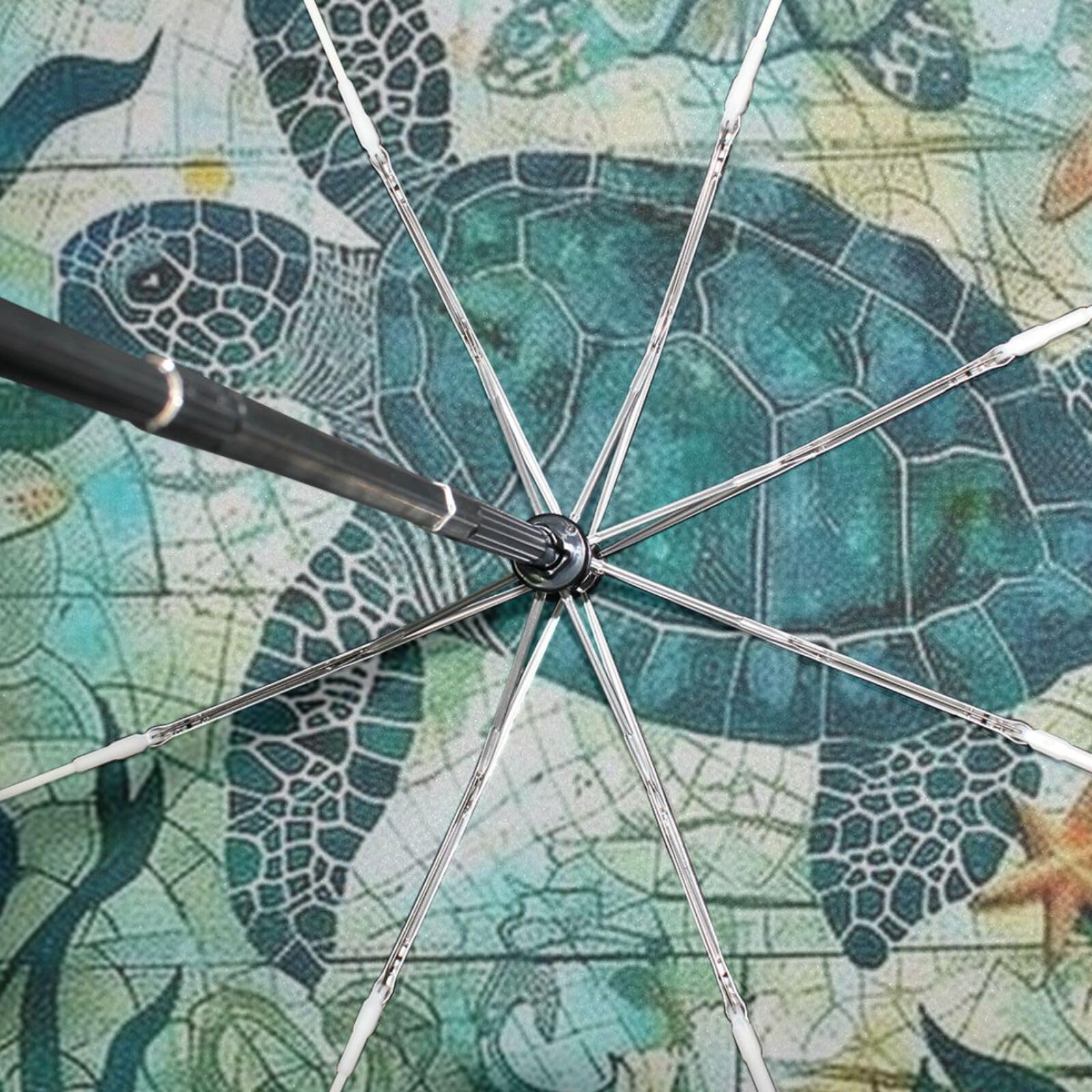 Wamika Vintage Ocean Turtle Umbrella Automatic Open Close Sea Starfish World Map Anti-UV Umbrellas Compact Windproof Lightweight Parasol Umbrella for Travel Car School Sun & Rain