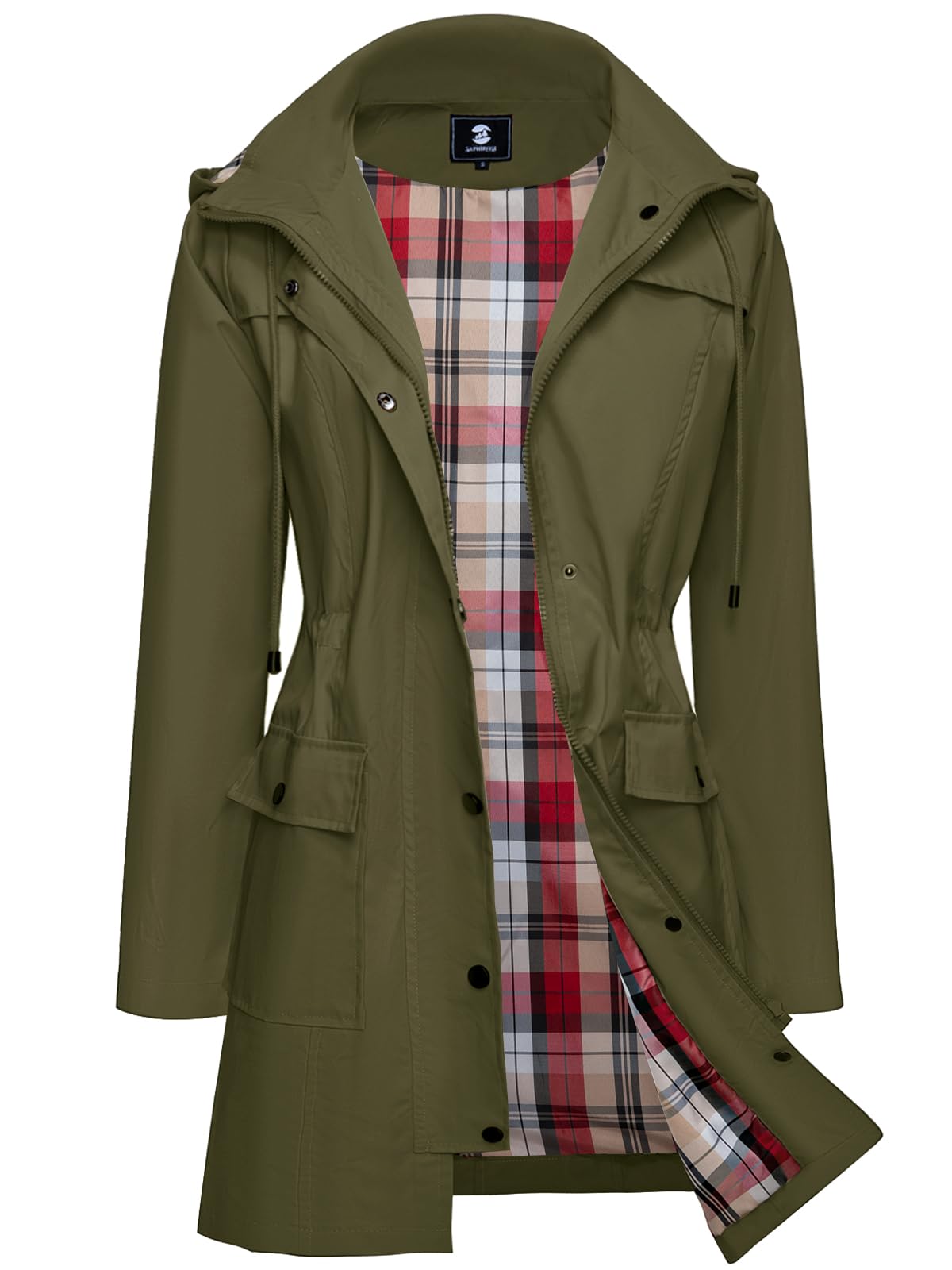 SaphiRose Women's Waterproof Rain Jacket Lightweight Raincoat Hooded Windbreaker Trench Coat (Army Green,XX-Large)