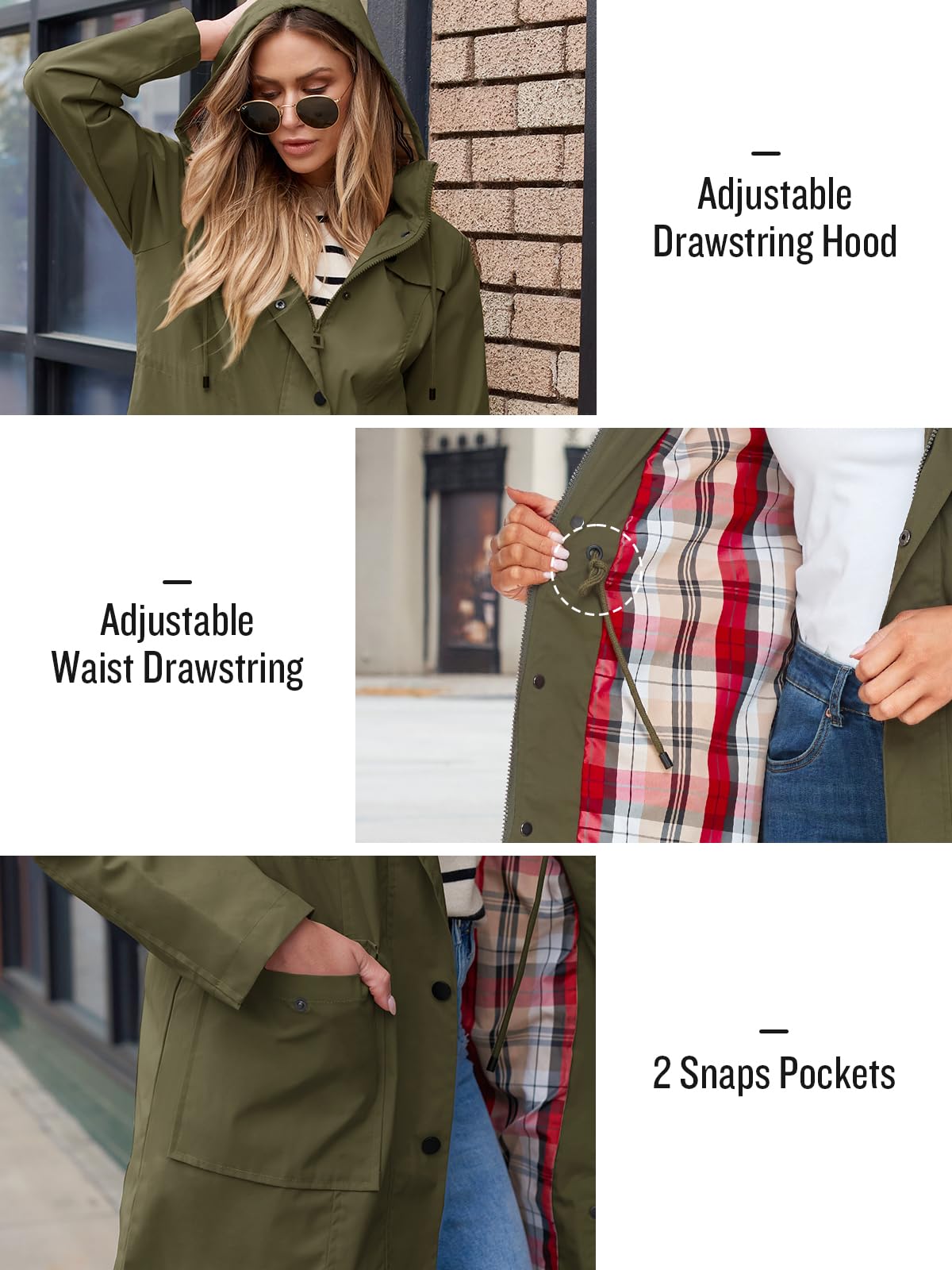 SaphiRose Women's Waterproof Rain Jacket Lightweight Raincoat Hooded Windbreaker Trench Coat (Army Green,XX-Large)