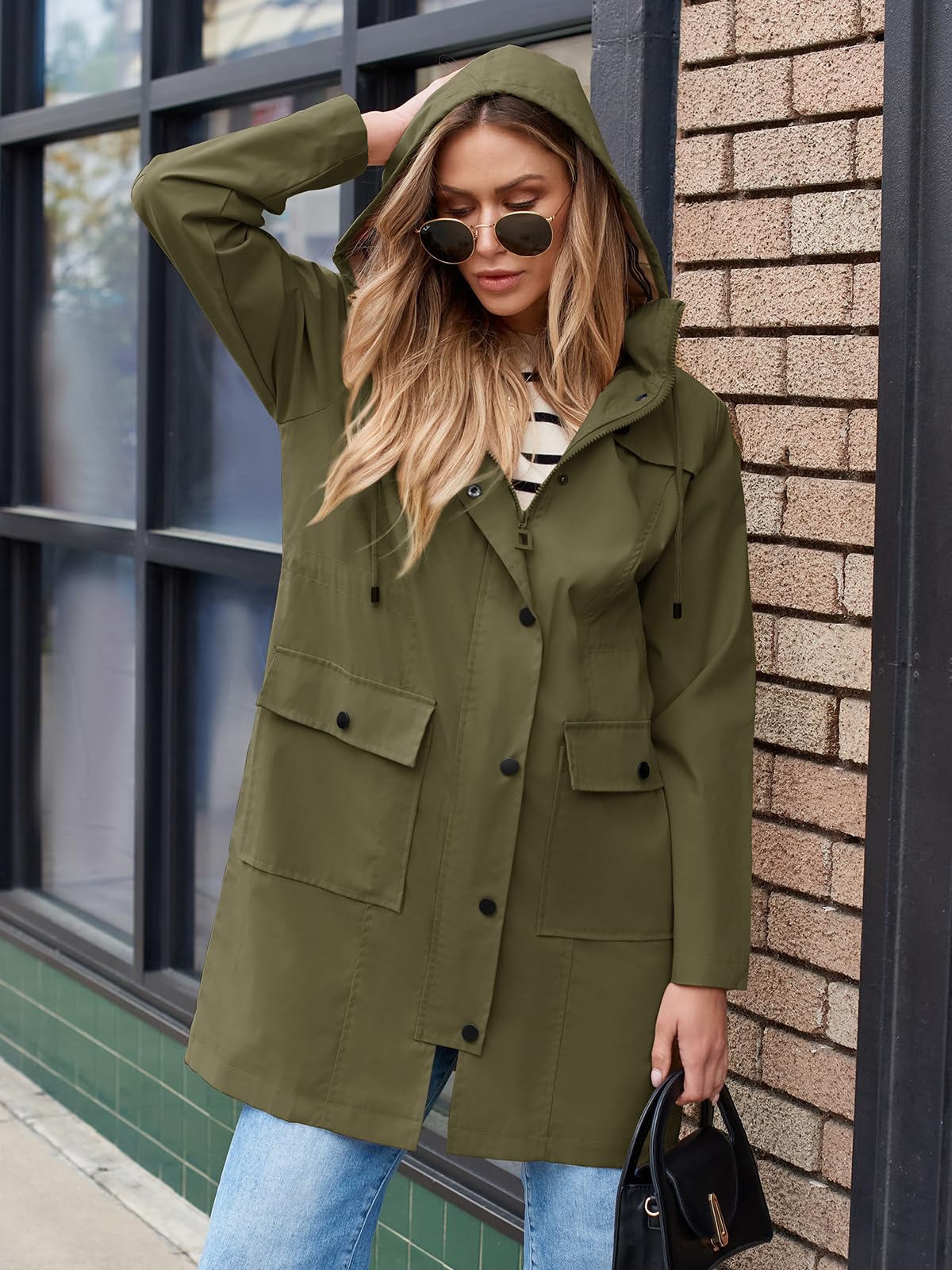 SaphiRose Women's Waterproof Rain Jacket Lightweight Raincoat Hooded Windbreaker Trench Coat (Army Green,XX-Large)