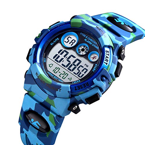 Tonnier Watch Kids Sports Watch Multi Function Digital Watches Colorful LED Display Waterproof Wristwatches for Children with PU Band Blue