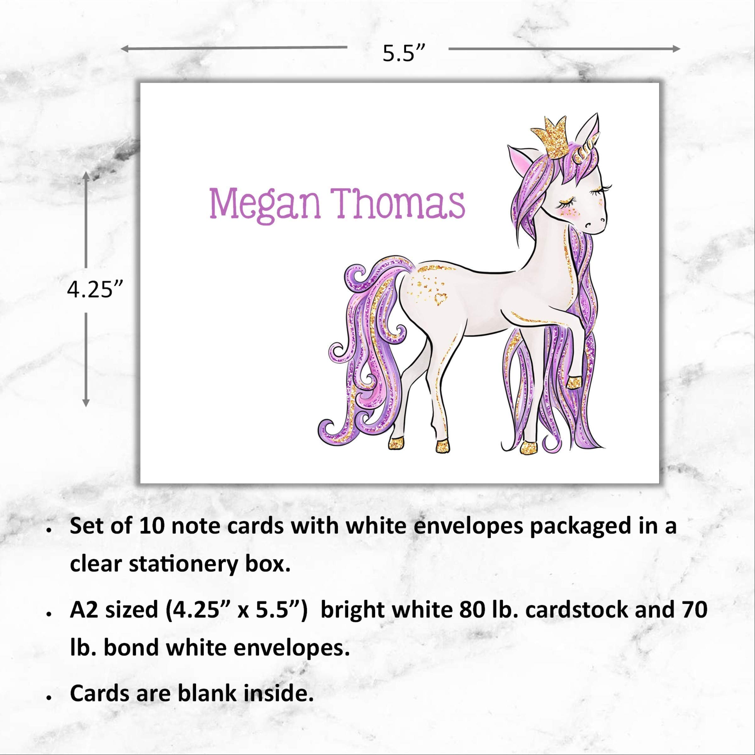 Purple Unicorn Note Cards with Envelopes, Personalized Stationery Set for Girls, Pack of 10 Folded Notecards