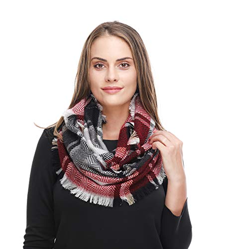 Lucky Leaf Women Winter Checked Pattern Cashmere Feel Warm Plaid Infinity Scarf (L8-Black Burgundy)