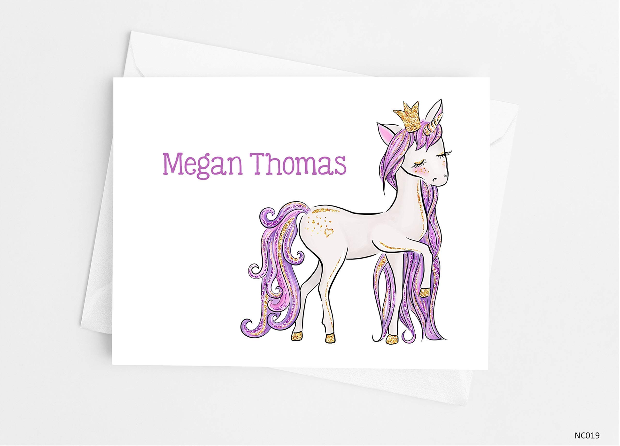 Purple Unicorn Note Cards with Envelopes, Personalized Stationery Set for Girls, Pack of 10 Folded Notecards