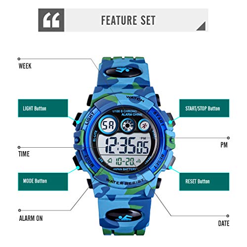Tonnier Watch Kids Sports Watch Multi Function Digital Watches Colorful LED Display Waterproof Wristwatches for Children with PU Band Blue