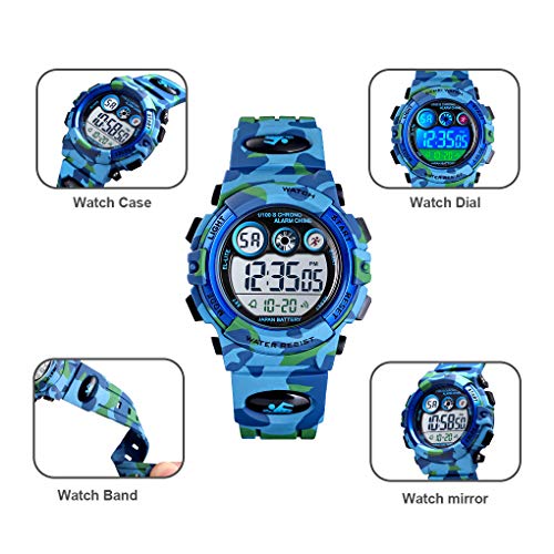 Tonnier Watch Kids Sports Watch Multi Function Digital Watches Colorful LED Display Waterproof Wristwatches for Children with PU Band Blue