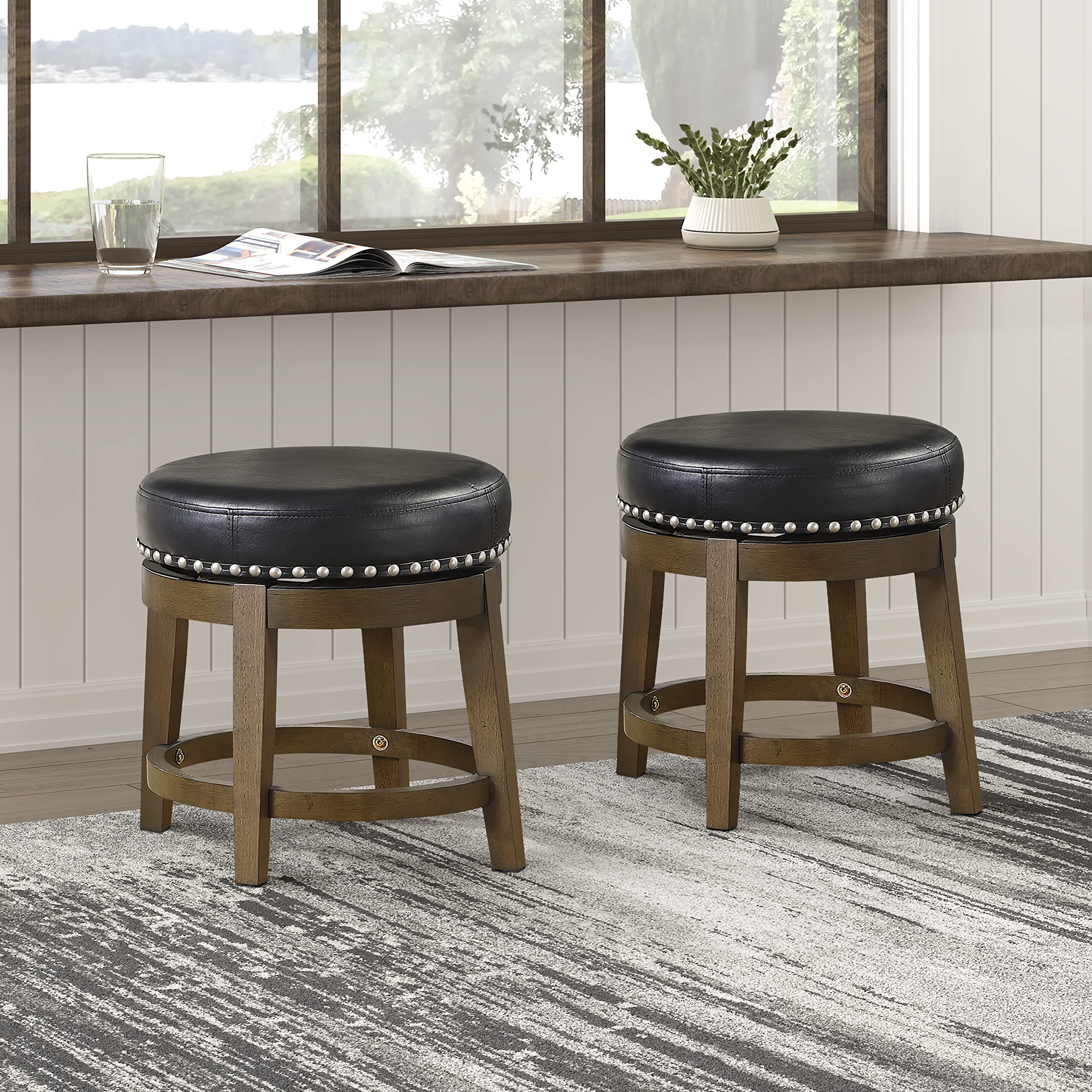 Lexicon Kenmare Swivel Bar Stools Set of 2, Rustic 360 Degree Backless Swivel Counter Stools, Faux Leather Upholstered, Solid Wood Frame, Easy Assembly, Round Bar Stools Swivel, Foot Rest, 19.5" Black
