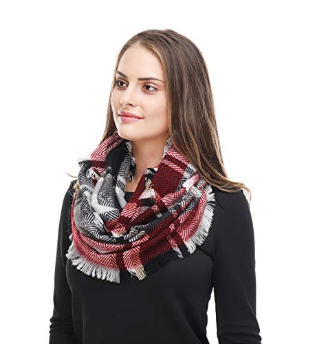 Lucky Leaf Women Winter Checked Pattern Cashmere Feel Warm Plaid Infinity Scarf (L8-Black Burgundy)