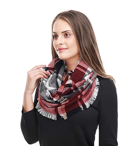Lucky Leaf Women Winter Checked Pattern Cashmere Feel Warm Plaid Infinity Scarf (L8-Black Burgundy)