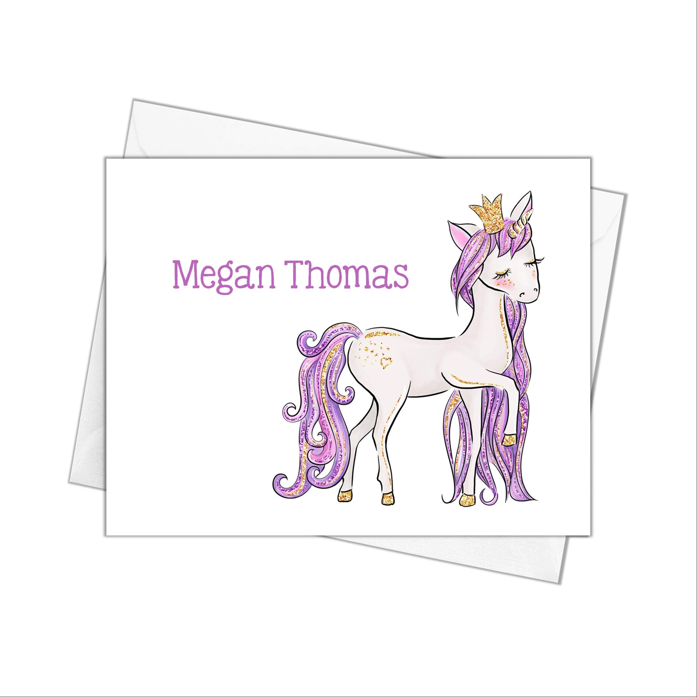 Purple Unicorn Note Cards with Envelopes, Personalized Stationery Set for Girls, Pack of 10 Folded Notecards