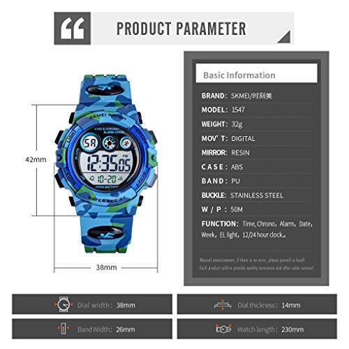 Tonnier Watch Kids Sports Watch Multi Function Digital Watches Colorful LED Display Waterproof Wristwatches for Children with PU Band Blue