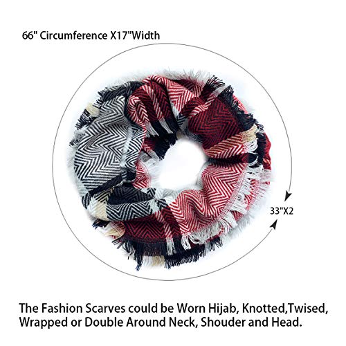 Lucky Leaf Women Winter Checked Pattern Cashmere Feel Warm Plaid Infinity Scarf (L8-Black Burgundy)