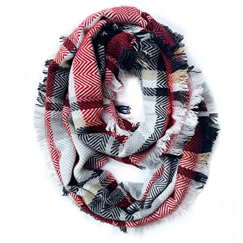 Lucky Leaf Women Winter Checked Pattern Cashmere Feel Warm Plaid Infinity Scarf (L8-Black Burgundy)