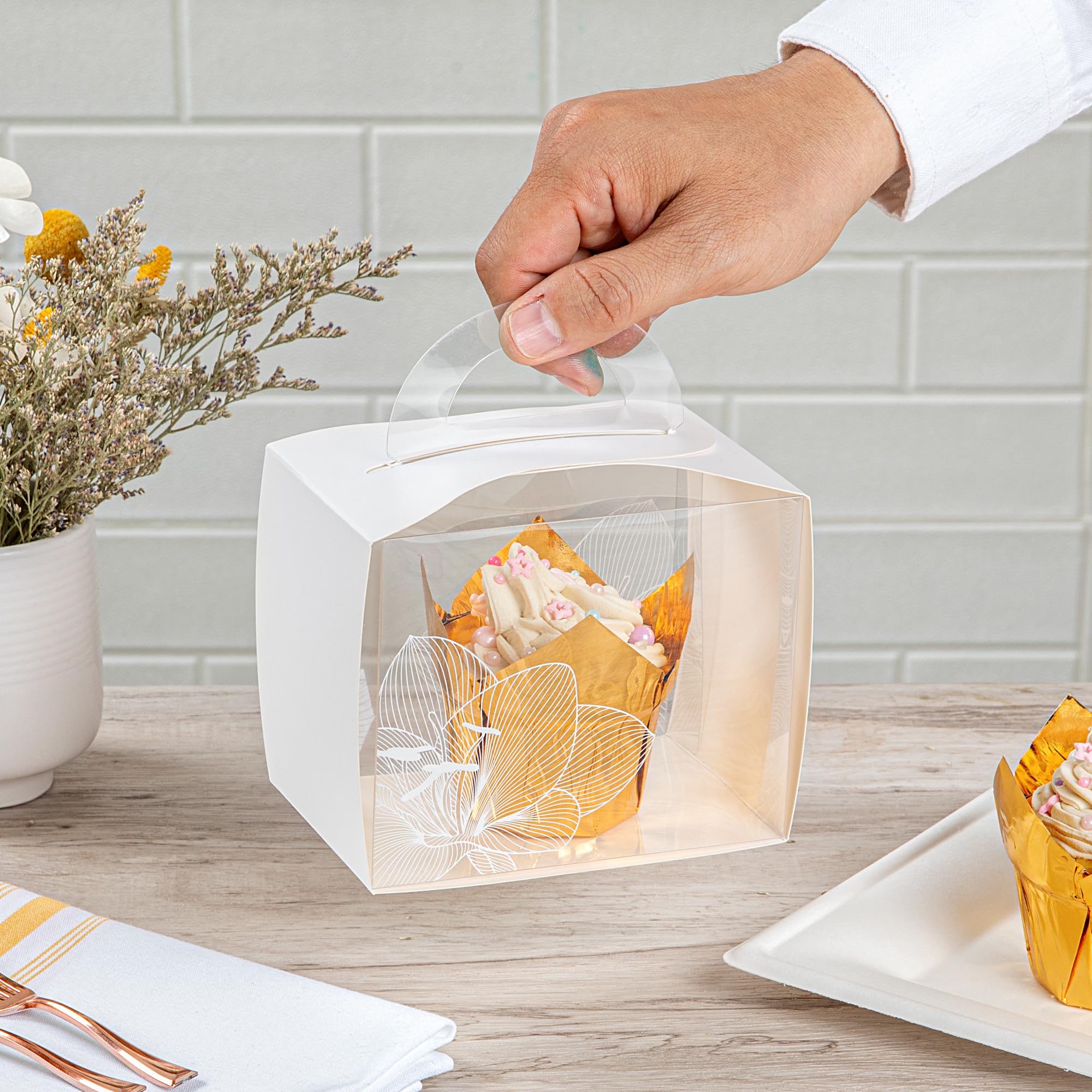 Restaurantware-5 Inch x 3.25 Inch Individual Cupcake Boxes, 100 Disposable Cupcake Display Boxes - With Handle, Lotus Accent, Clear Plastic Single Cupcake Containers, For Weddings Or Birthdays