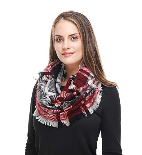 Lucky Leaf Women Winter Checked Pattern Cashmere Feel Warm Plaid Infinity Scarf (L8-Black Burgundy)