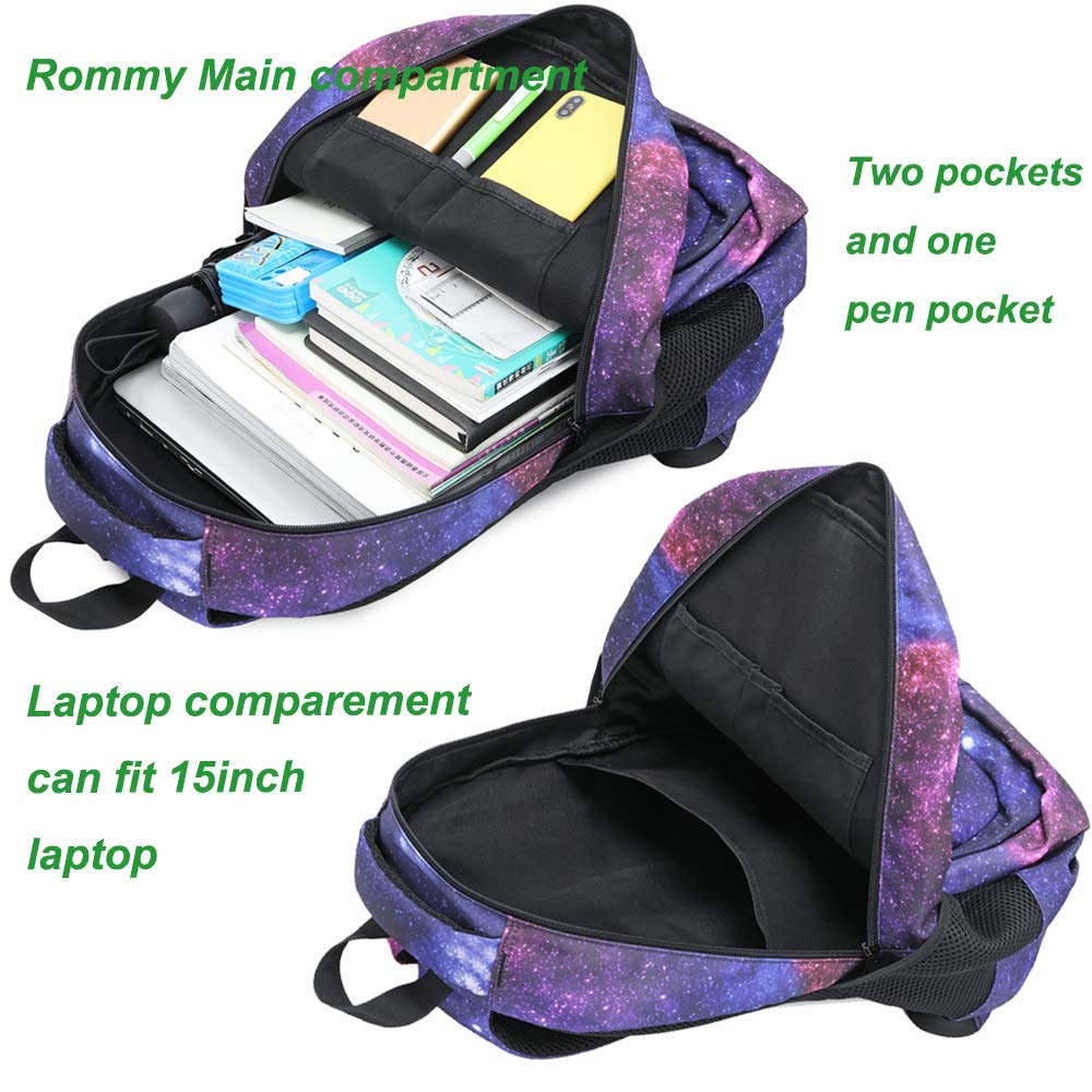 Girls Backpack for Kids Elementary Galaxy Bookbag Girly School bag with Insulation lunch Bag Children Laptop Bag (Galaxy space - Blue-3 pieces)