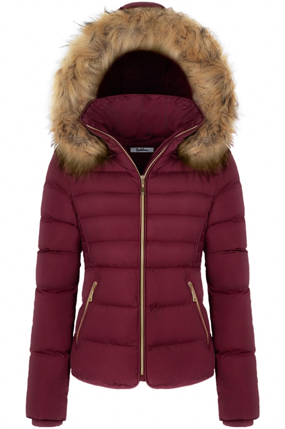 BodiLove Thickened Winter Puffer Jacket with Removable Faux Fur Hood Fleece Lining Burgundy