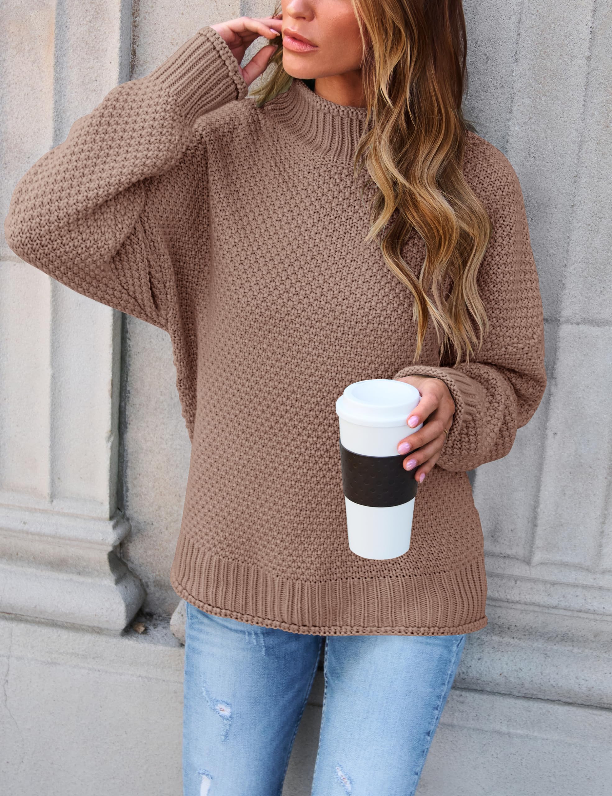 ZESICA Women's Turtleneck Batwing Sleeve Loose Oversized Chunky Knitted Pullover Sweater Jumper Tops,Khaki,Medium