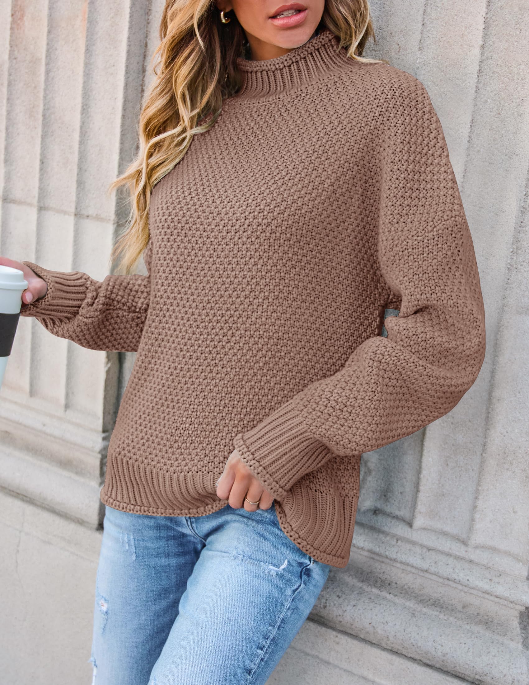 ZESICA Women's Turtleneck Batwing Sleeve Loose Oversized Chunky Knitted Pullover Sweater Jumper Tops,Khaki,Medium