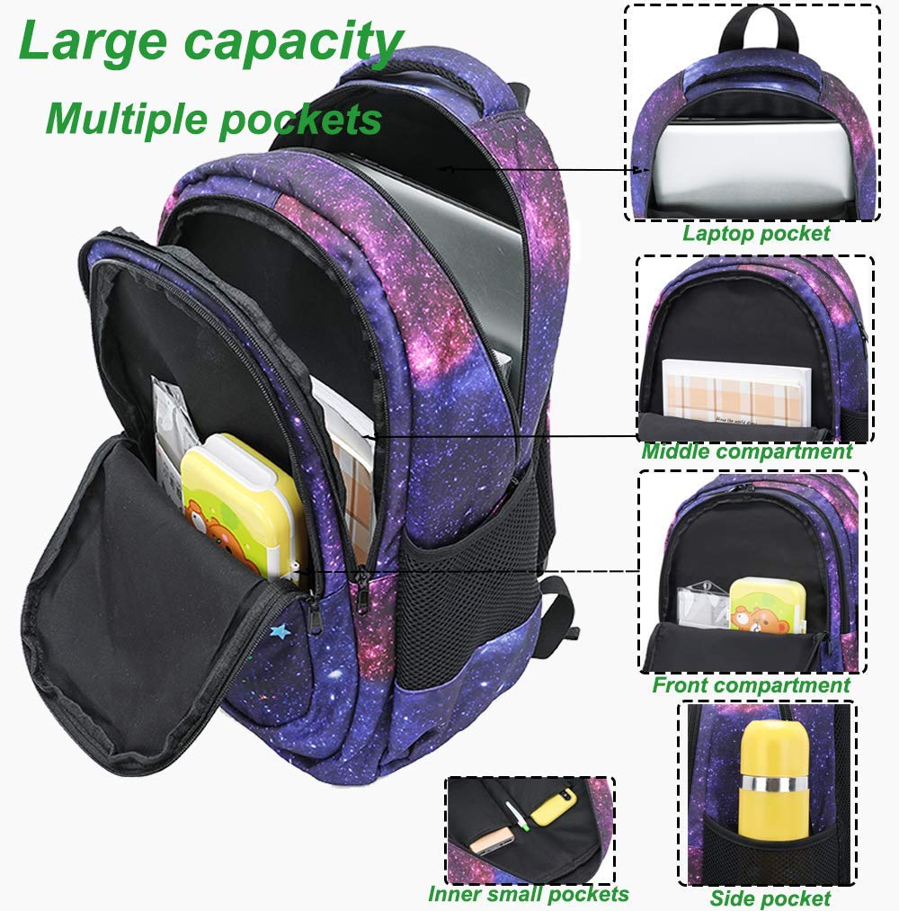 Girls Backpack for Kids Elementary Galaxy Bookbag Girly School bag with Insulation lunch Bag Children Laptop Bag (Galaxy space - Blue-3 pieces)