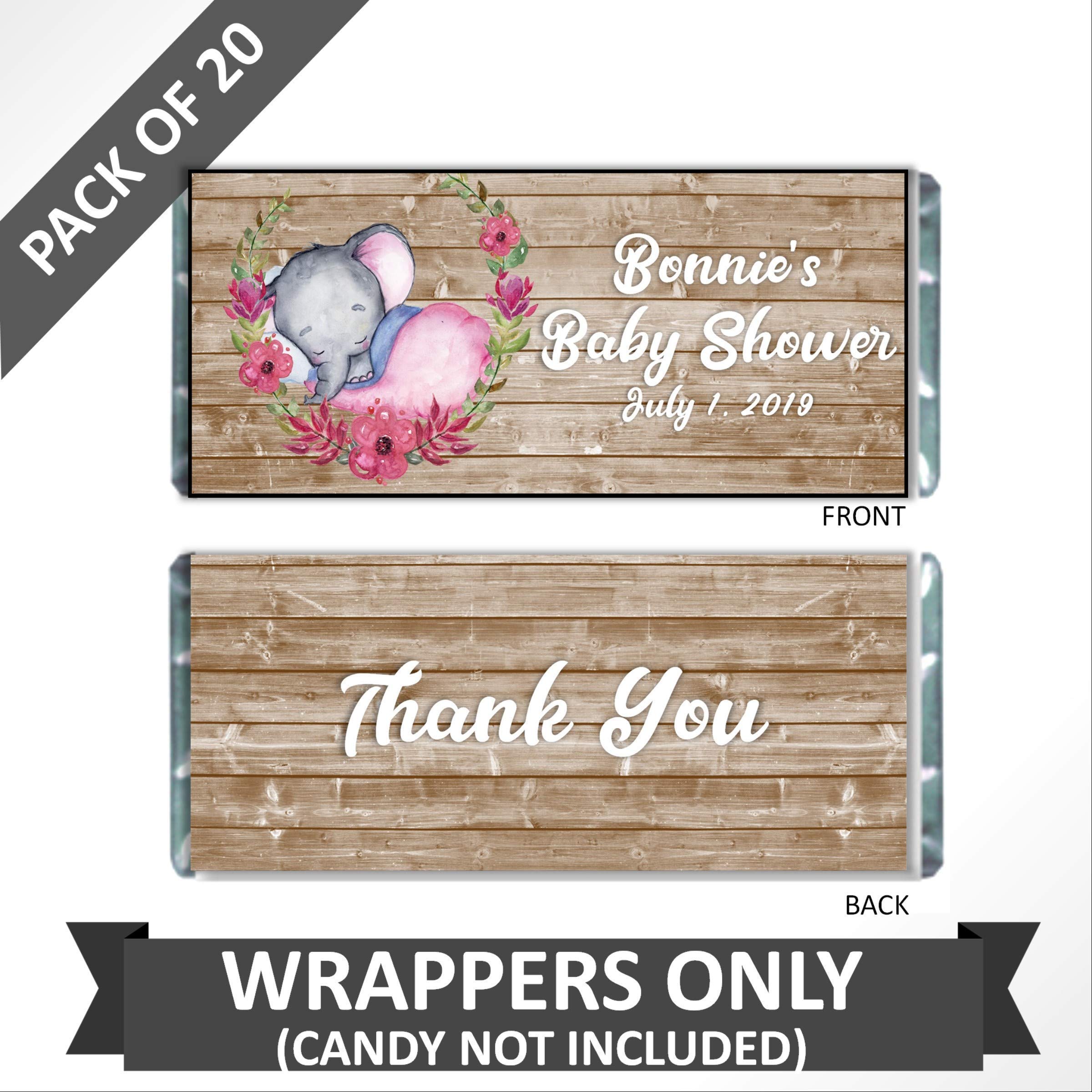Rustic Elephant Baby Shower Favors, Personalized Candy Wrappers, Pack of 20 Chocolate Bar Labels