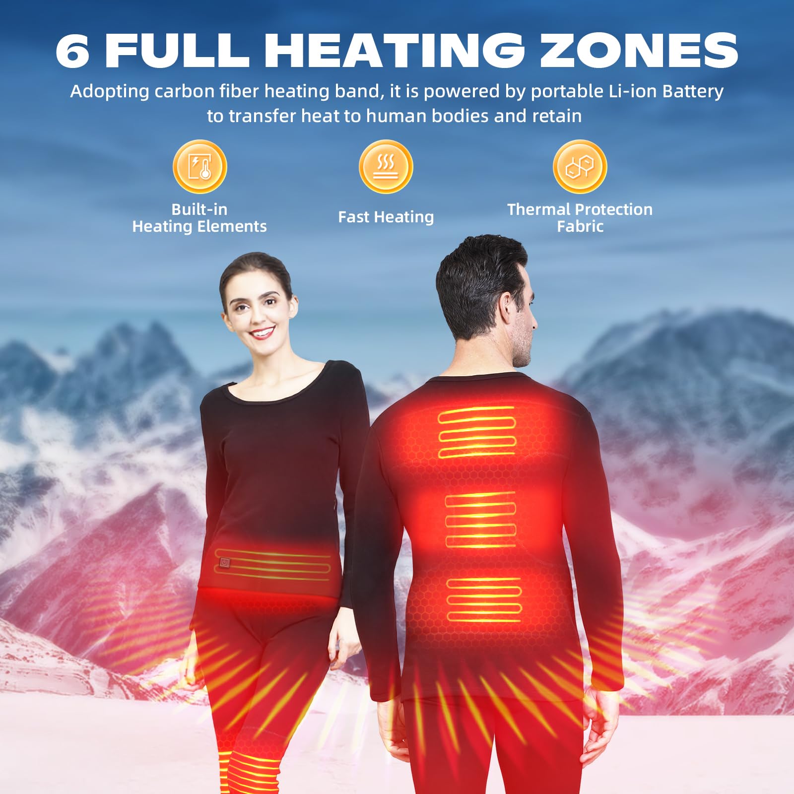 J JINPEI Heated Thermal Underwear Set, Men Women Electric Long Sleeve Long Johns Ultra-Soft Base Layer, Heated Clothes Pants for Cold Weather-Black (XL)