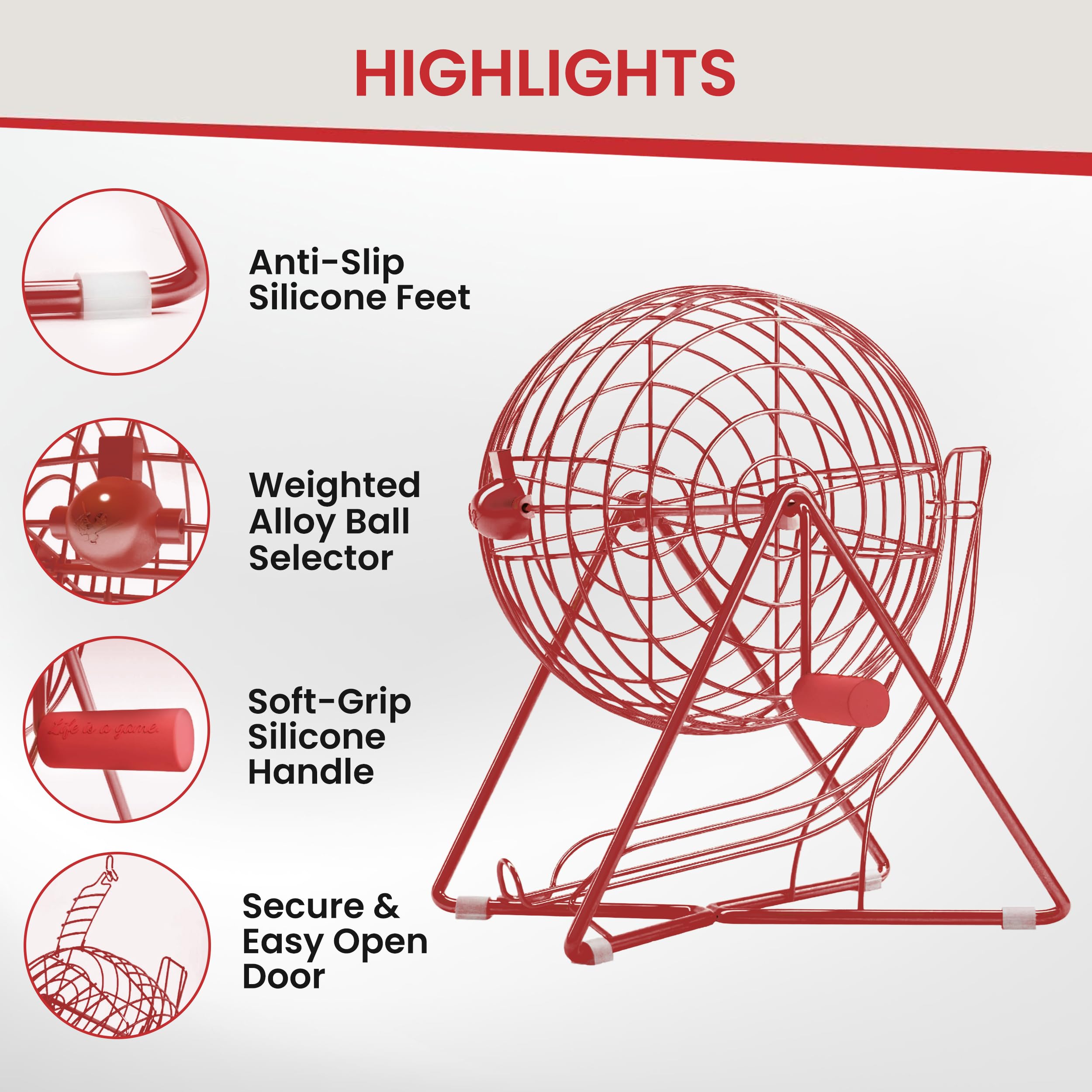 MR CHIPS 11" Tall Bingo Set with Steel Cage Professional Game Everlasting 7/8” Balls, 18 Cards and 300 Chips - Lucky Red Color