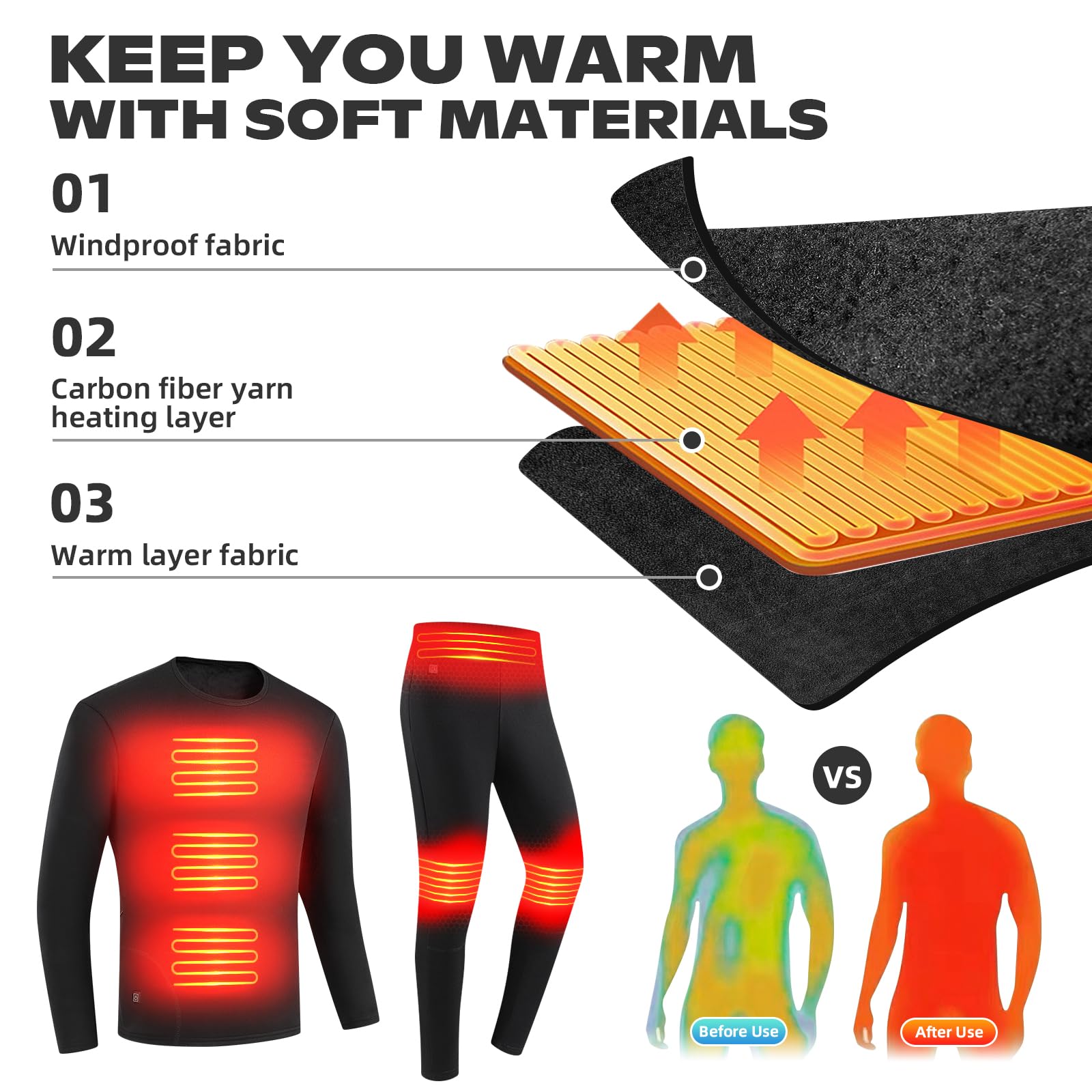 J JINPEI Heated Thermal Underwear Set, Men Women Electric Long Sleeve Long Johns Ultra-Soft Base Layer, Heated Clothes Pants for Cold Weather-Black (XL)