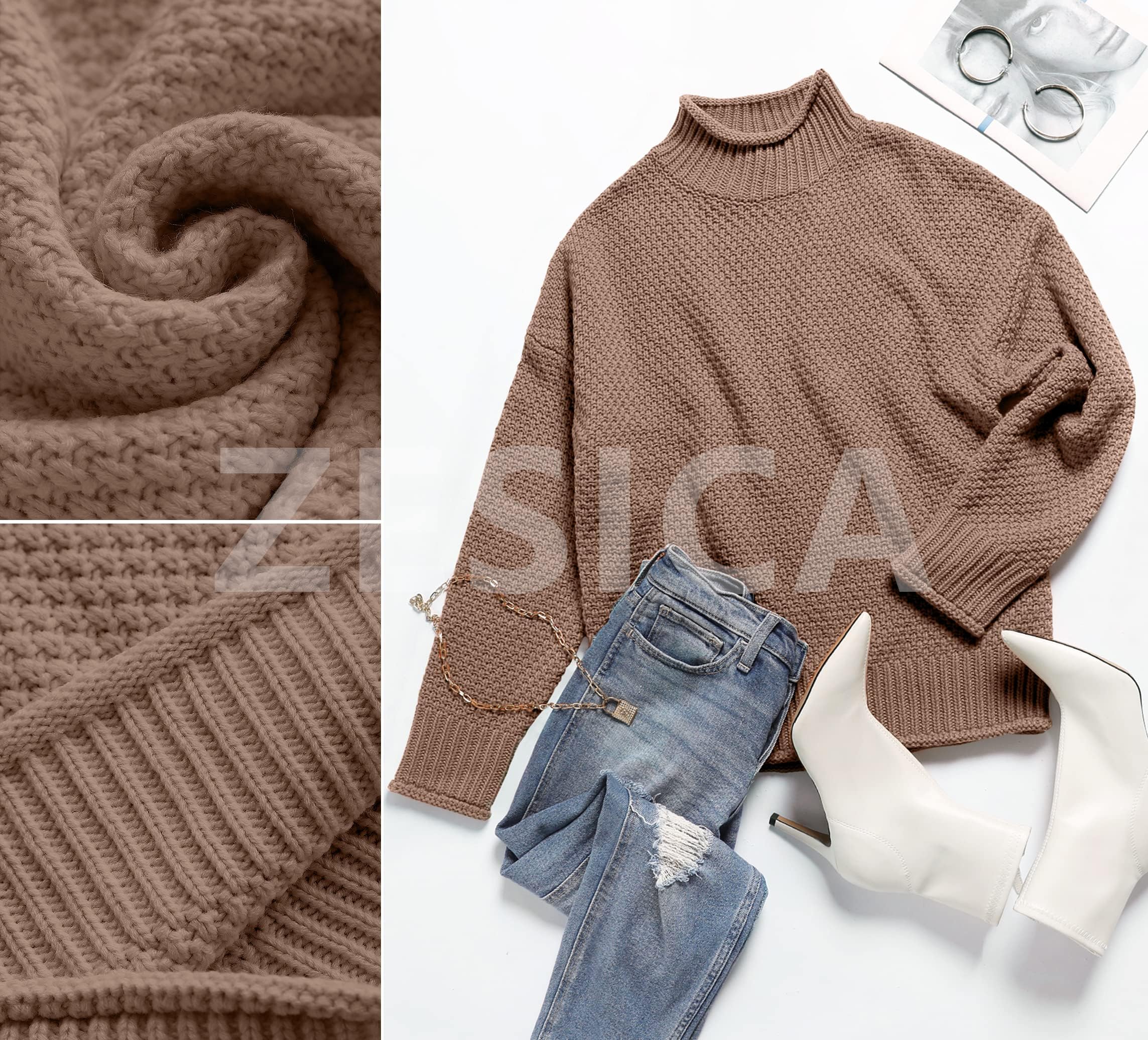 ZESICA Women's Turtleneck Batwing Sleeve Loose Oversized Chunky Knitted Pullover Sweater Jumper Tops,Khaki,Medium