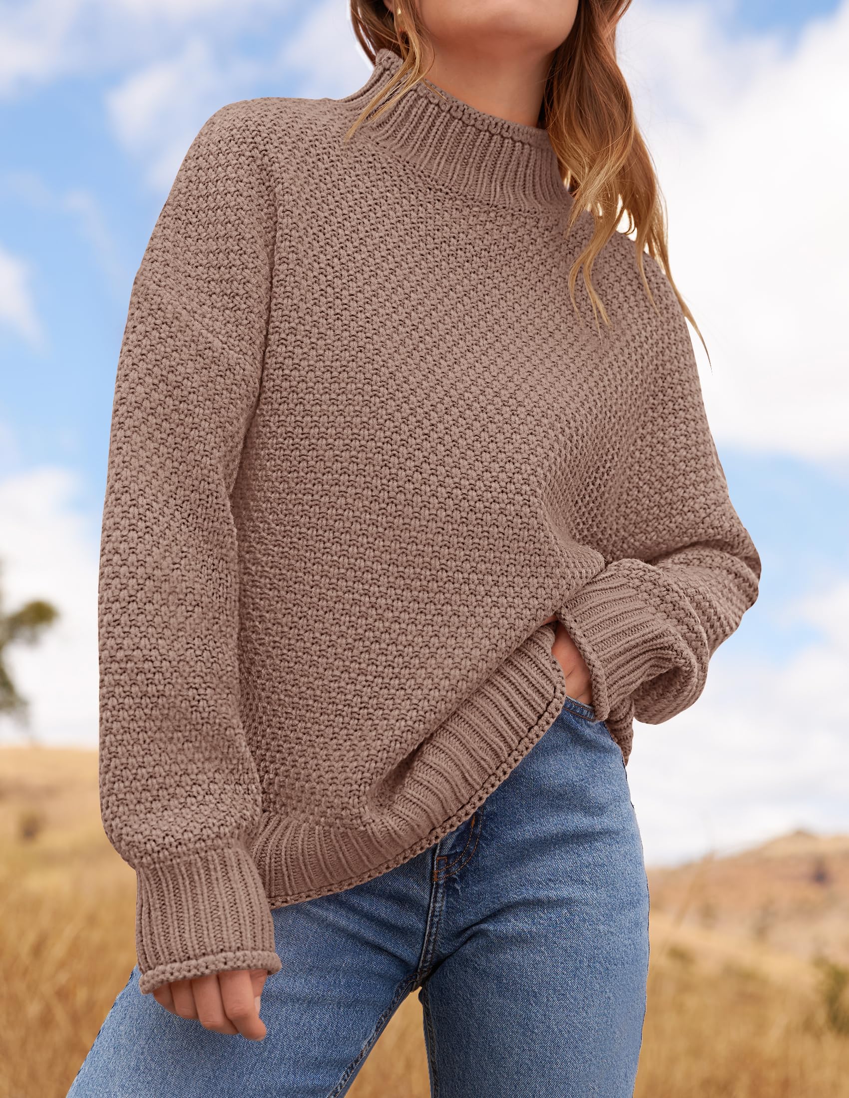 ZESICA Women's Turtleneck Batwing Sleeve Loose Oversized Chunky Knitted Pullover Sweater Jumper Tops,Khaki,Medium