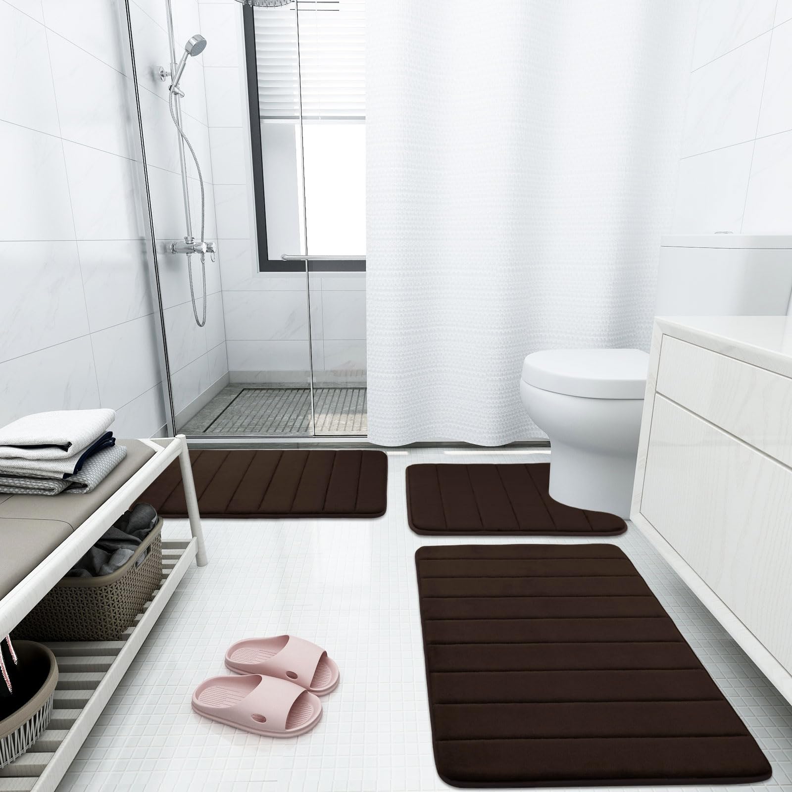Buganda Memory Foam 3 Pieces Bathroom Rugs Set - Thick Soft Absorbent Non-Slip Bath Mats, Washable Small/Large/Contour Bath Rugs (24" x 16" + 30" x 20" + 24" x 20", Coffee)