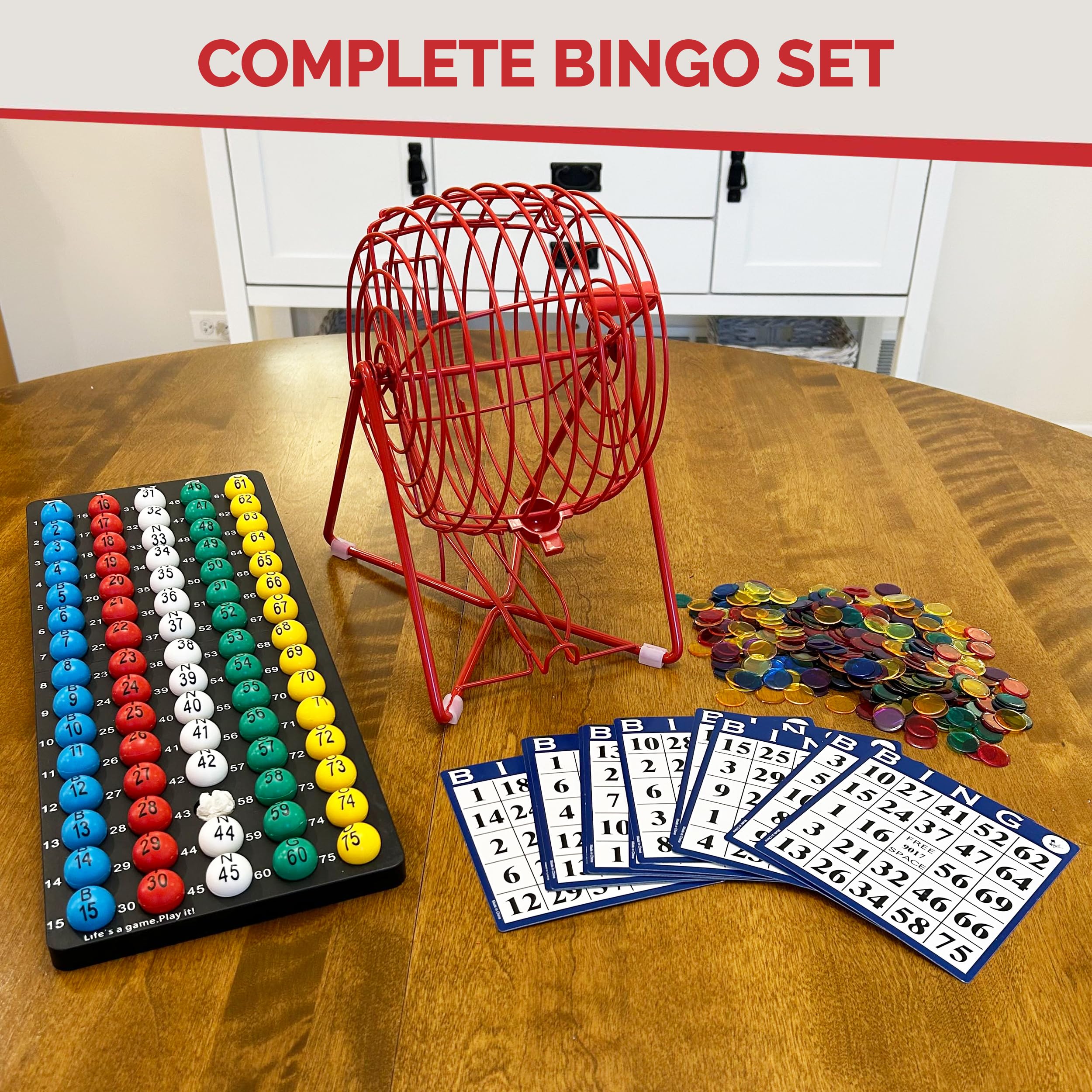 MR CHIPS 11" Tall Bingo Set with Steel Cage Professional Game Everlasting 7/8” Balls, 18 Cards and 300 Chips - Lucky Red Color