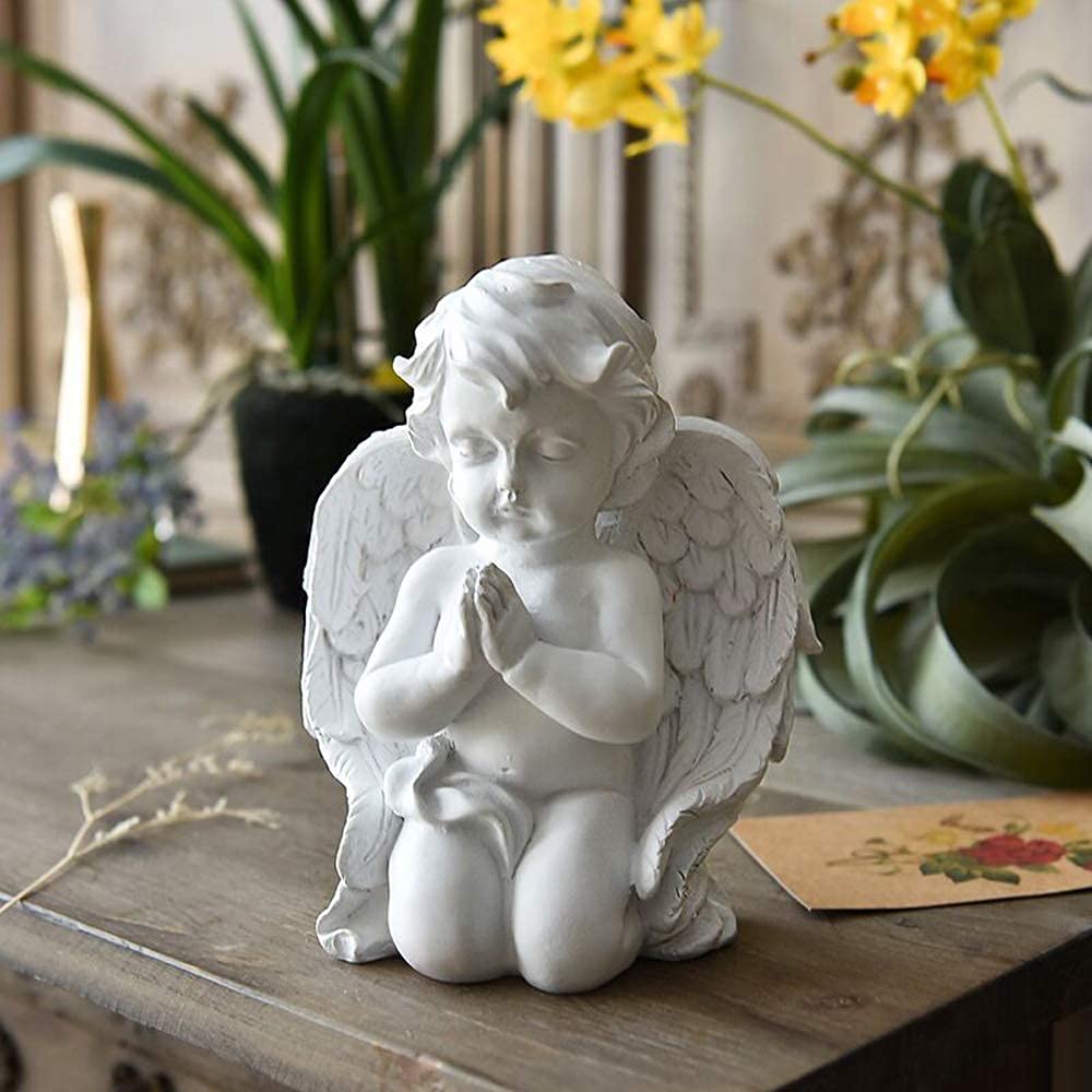 OwMell Kneeling Praying Cherubs Statue, Resin Baby Angel Figurine, Wings Angel Statue Memorial Cherub Sculpture for Home Decoration 6.3" - White
