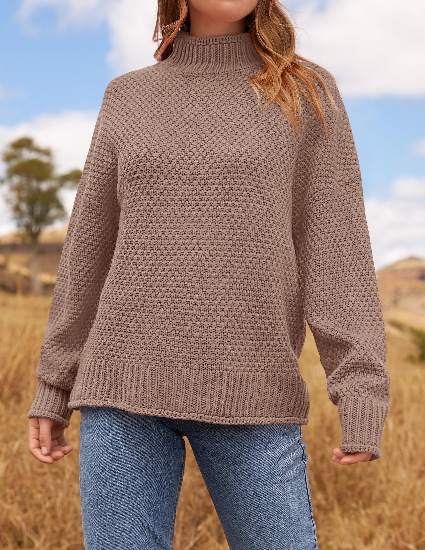 ZESICA Women's Turtleneck Batwing Sleeve Loose Oversized Chunky Knitted Pullover Sweater Jumper Tops,Khaki,Medium