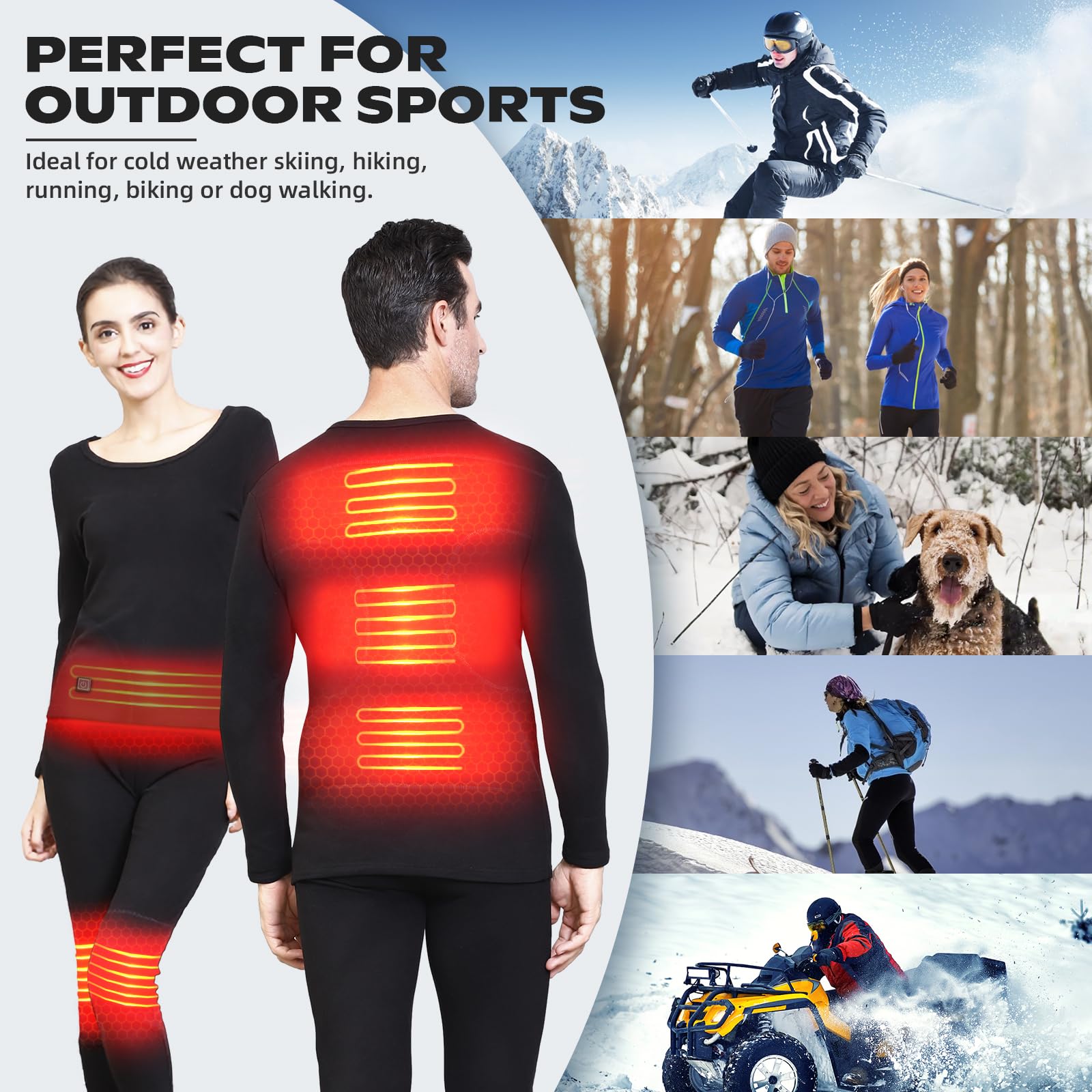 J JINPEI Heated Thermal Underwear Set, Men Women Electric Long Sleeve Long Johns Ultra-Soft Base Layer, Heated Clothes Pants for Cold Weather-Black (XL)