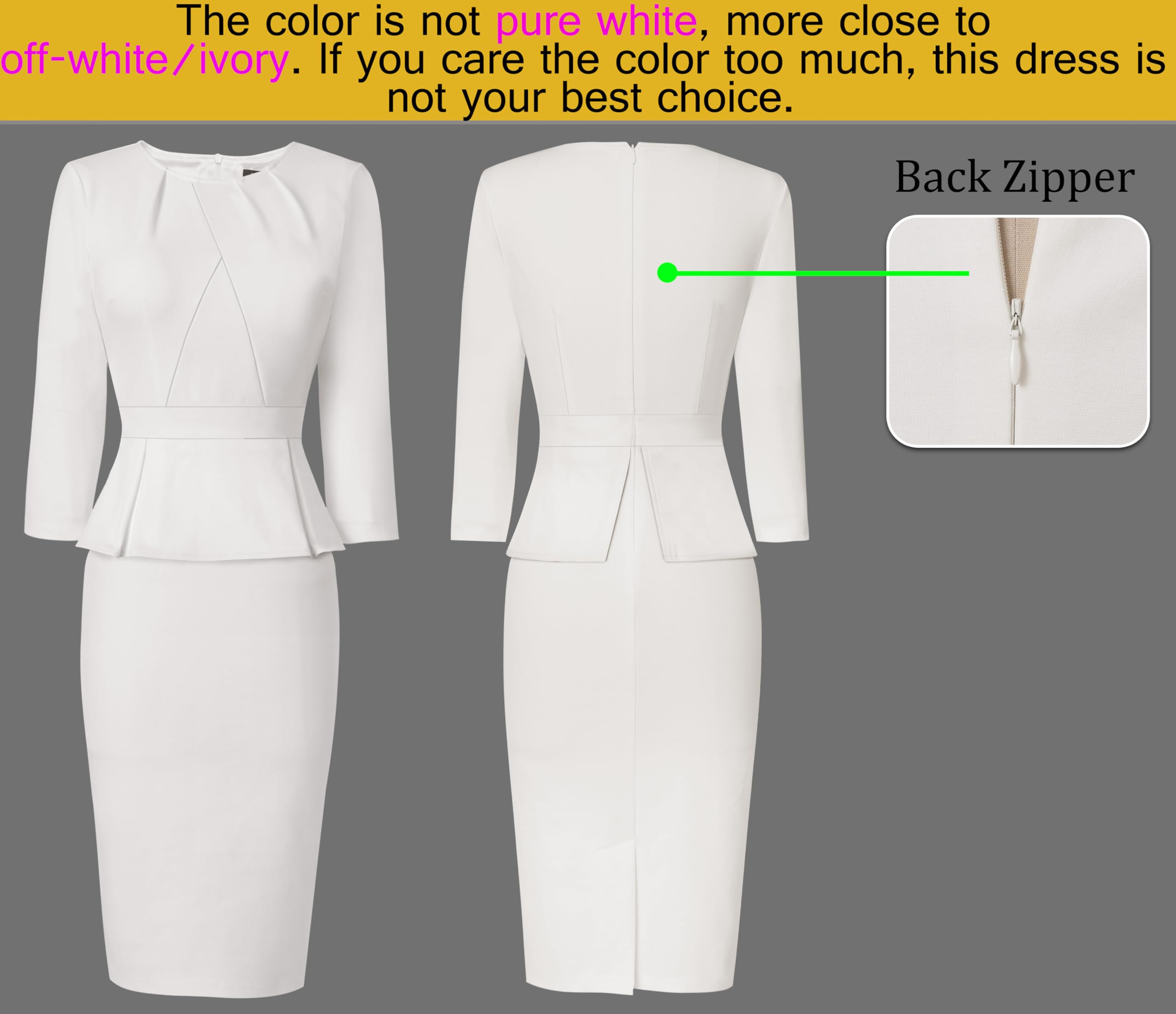 VFSHOW Womens Off-White Ivory Spring Fall Pleated Crew Neck Peplum Work Business Office Bodycon Pencil Sheath Dress 3587 WHT M