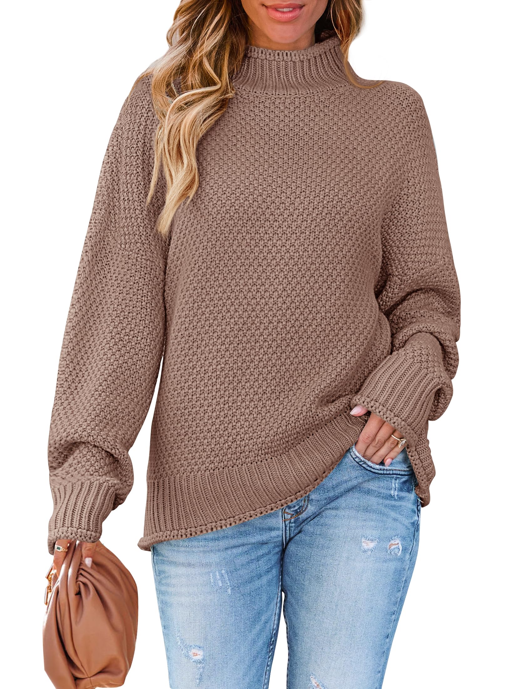 ZESICA Women's Turtleneck Batwing Sleeve Loose Oversized Chunky Knitted Pullover Sweater Jumper Tops,Khaki,Medium