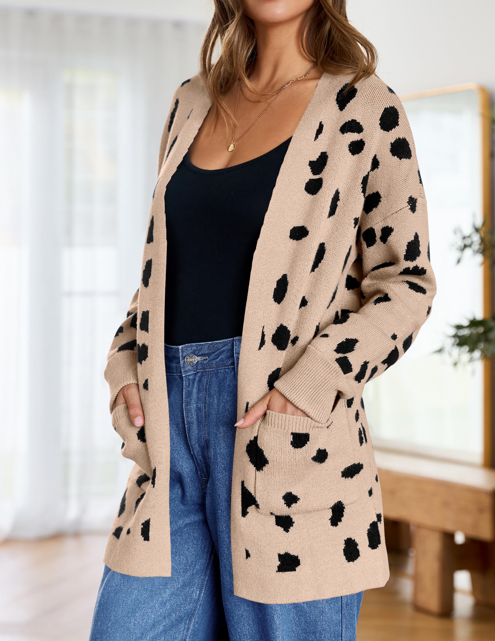 ZESICA Women's Fall Winter Long Sleeves Open Front Leopard Print Knitted Sweater Cardigan Coat Outwear,A Beige,Medium