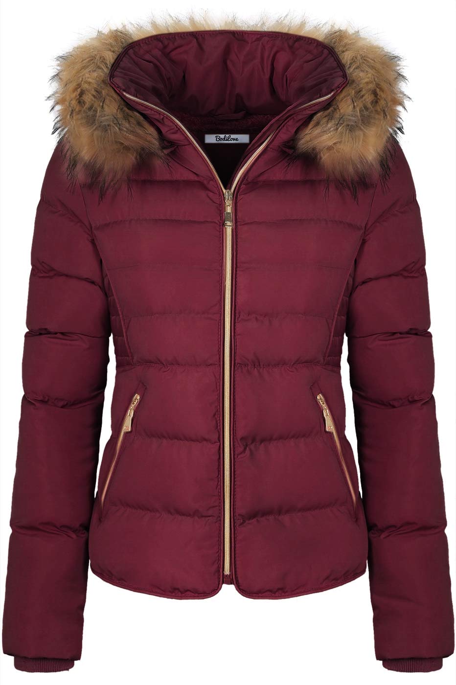 BodiLove Thickened Winter Puffer Jacket with Removable Faux Fur Hood Fleece Lining Burgundy