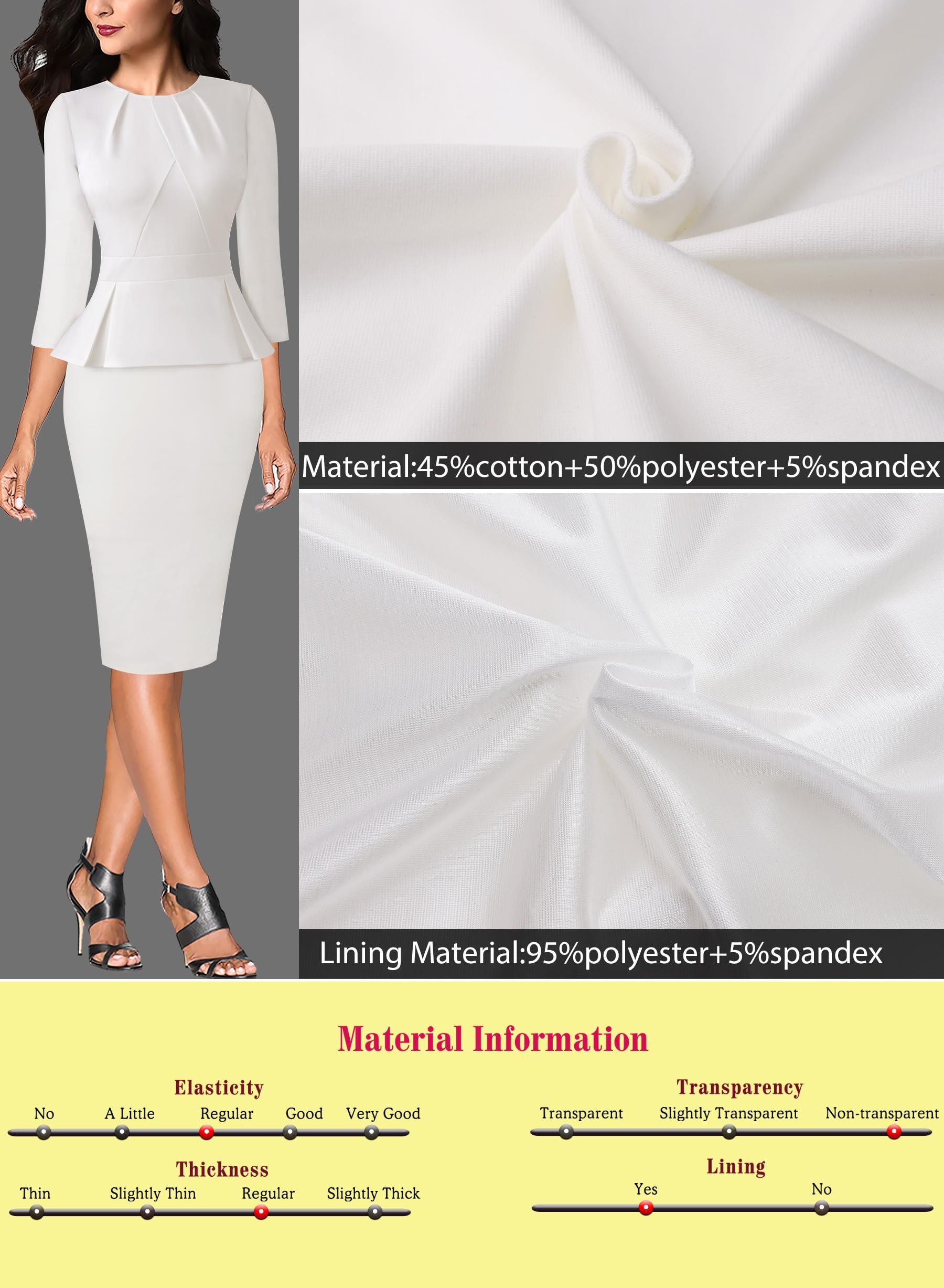 VFSHOW Womens Off-White Ivory Spring Fall Pleated Crew Neck Peplum Work Business Office Bodycon Pencil Sheath Dress 3587 WHT M